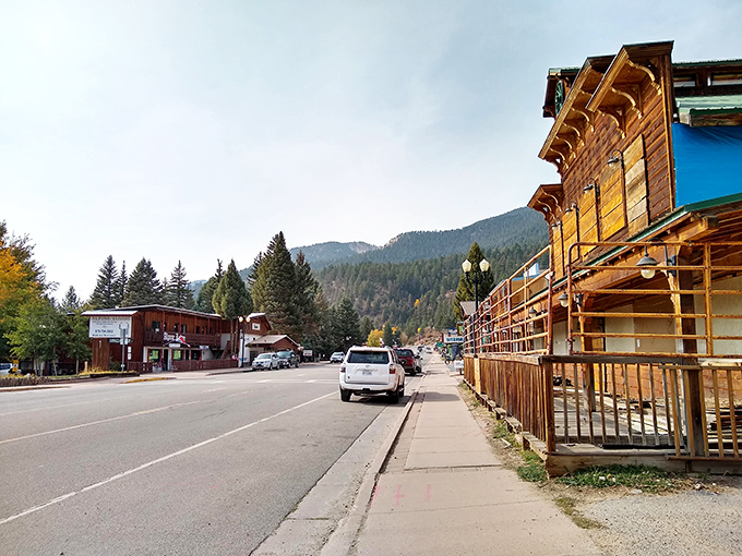 Mountain architecture meets small-town charm where every building looks ready for a cozy fireside evening together.