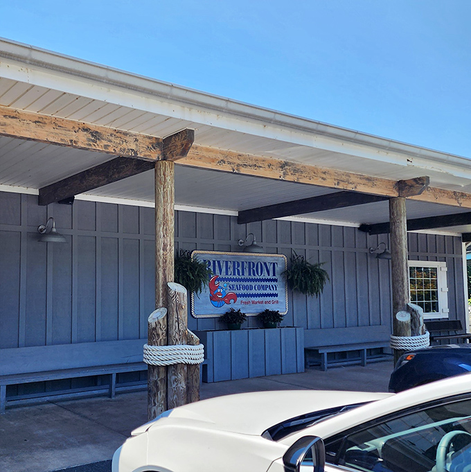 Riverfront Seafood Co (entrance): "Nautical touches done right. Those rope-wrapped posts give just enough seaside flair without going overboard with the theme."