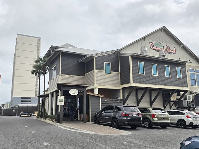 Runaway Island's coastal exterior hides a two-story seafood paradise that feels like your wealthy friend's beach house.