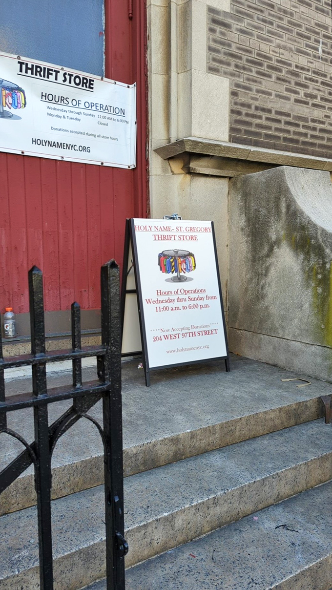 Saint Francis Thrift Store: Those stone steps have welcomed countless bargain hunters. The sidewalk sign promises treasures await Wednesday through Sunday.