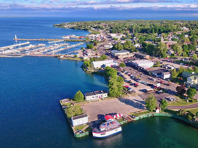 This aerial view of St. Ignace proves waterfront living doesn't require a trust fund&mdash;just good timing and Michigan residency.