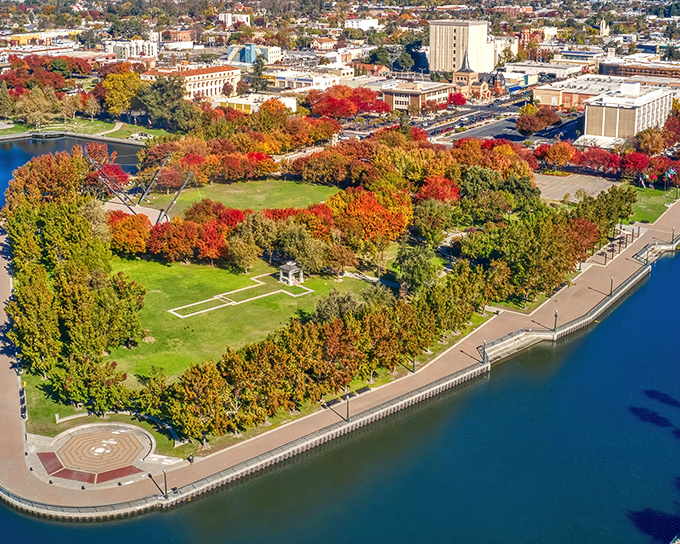 Weber Point in downtown Stockton bursts with color each fall, offering scenic waterfront views and open green spaces.