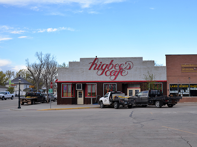 Higbee's Cafe in Sundance welcomes hungry travelers with its iconic red sign, a beloved local spot for home-style cooking.