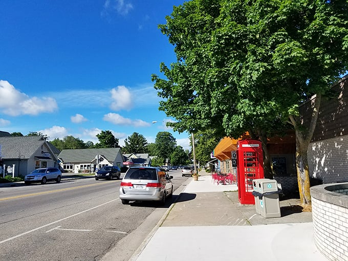 Fall colors frame the quiet streets where locals and visitors move at a wonderfully unhurried pace.