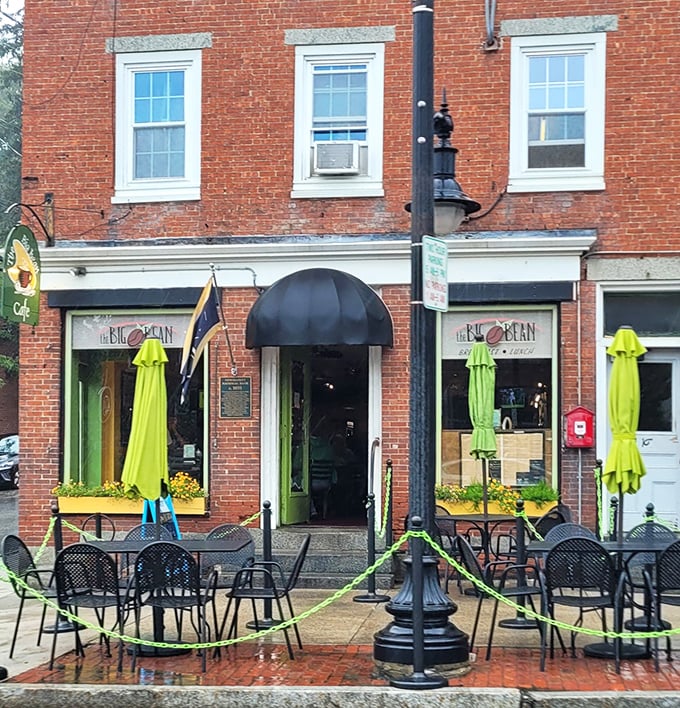 Green umbrellas and sidewalk seating create the perfect spot for watching Newmarket wake up over exceptional coffee.