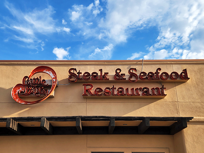 The curved logo promises a round-trip ticket to flavor town. Cattle Baron keeps it simple&mdash;great steaks, no gimmicks.