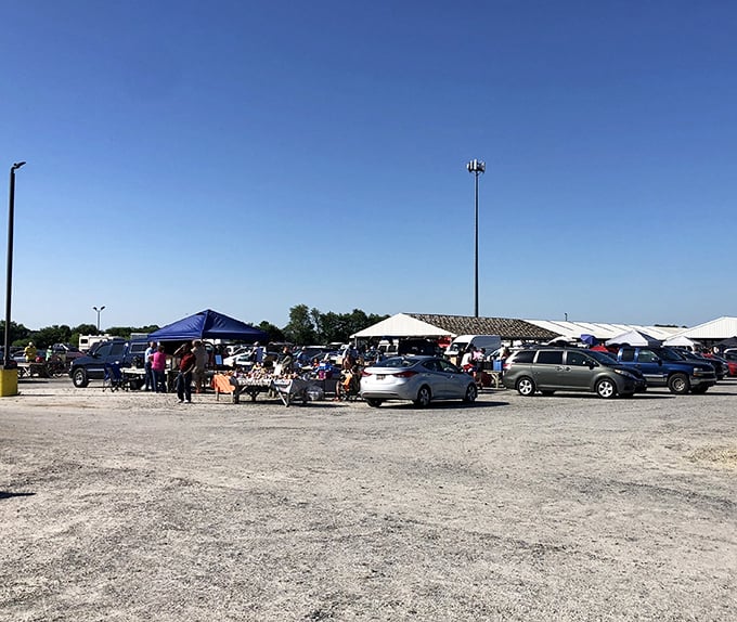 Cars line up at this outdoor market where pop-up tents shelter everything from antiques to zany conversation pieces.