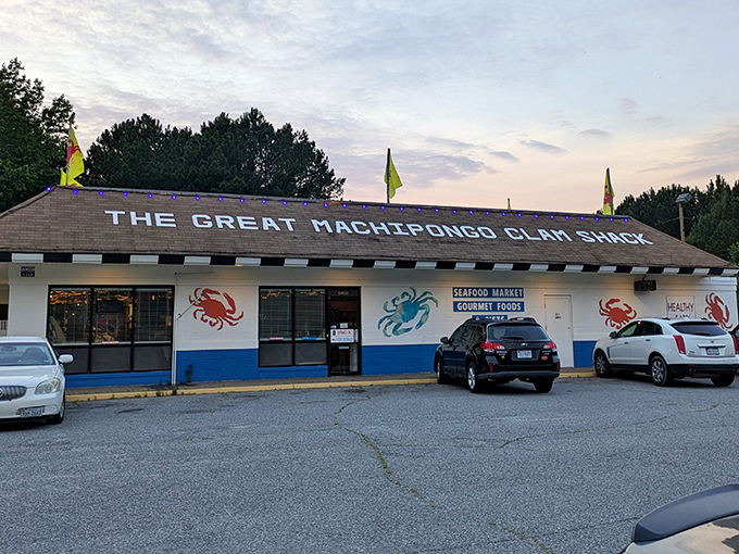 Sunset casts a golden glow on this Eastern Shore landmark where seafood dreams come wrapped in paper.
