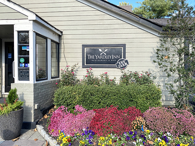 Those colorful flower beds at the Yardley Inn are just a preview of the vibrant seafood creations waiting inside.