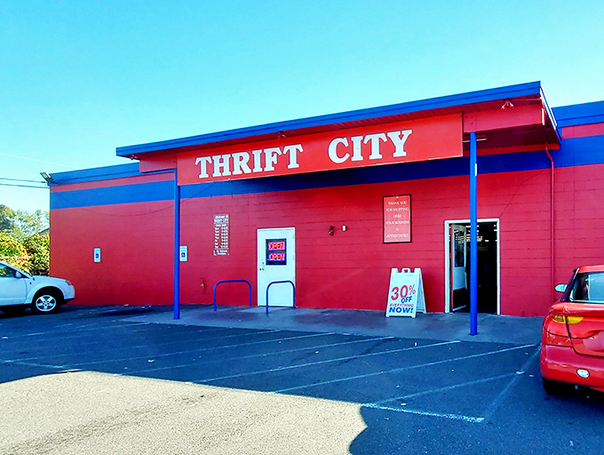 Thrift City's bold red and blue exterior screams "adventure awaits" louder than a carnival barker!