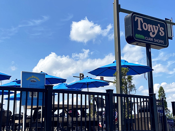 Tony's vibrant blue umbrellas create the perfect oasis for enjoying seafood with a view. Ocean breezes included at no extra charge!