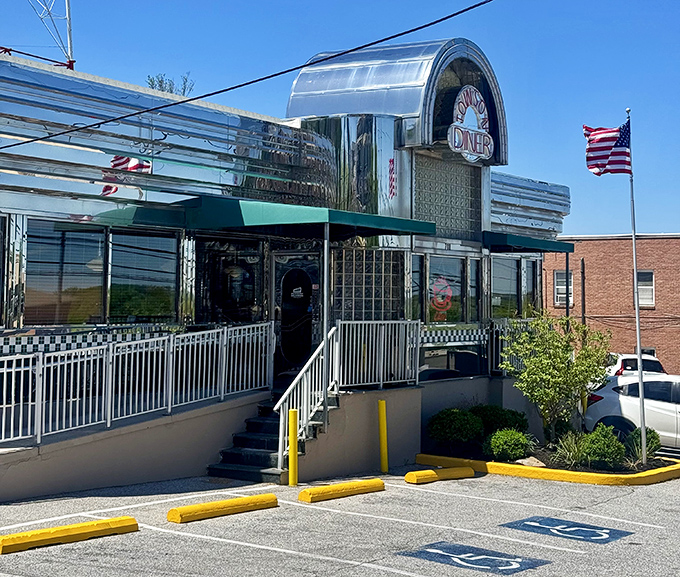Glass blocks and gleaming metal – Towson Diner is architectural eye candy with a side of delicious food waiting inside.