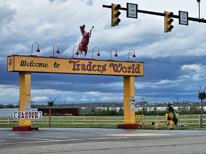 The iconic red horse welcomes treasure seekers to Traders World, where bargain hunting dreams come true under Ohio's big sky.
