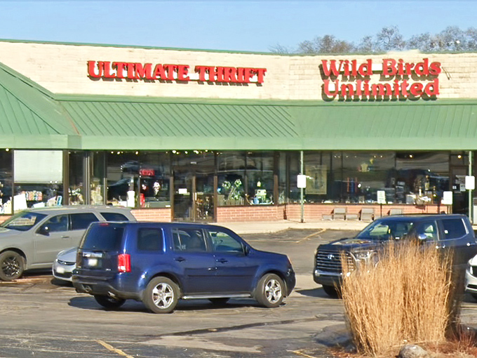 The green awnings of Ultimate Thrift shelter windows showcasing treasures that would make any bargain hunter's pulse quicken.