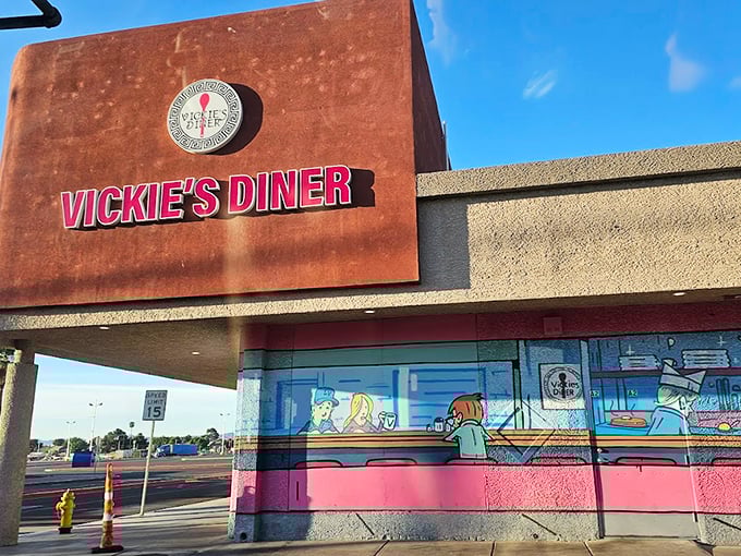 Those cheerful cartoon characters on the mural suggest this place takes fun as seriously as food.