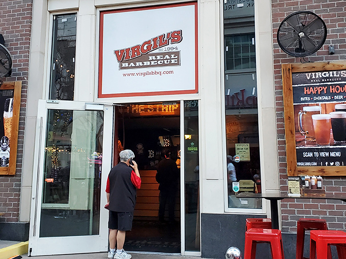 The brick-fronted entrance to Virgil's Real BBQ stands ready to rescue hungry Vegas visitors from casino buffet fatigue.