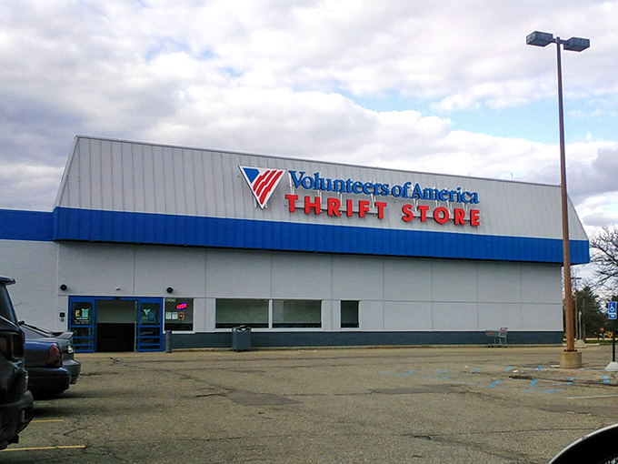 The imposing blue and gray exterior hints at the treasure trove of bargains waiting inside this thrifting paradise.