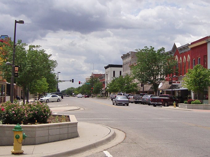 This view captures Wellington's perfectly straight Main Street, where you can see from one end clear to the other.