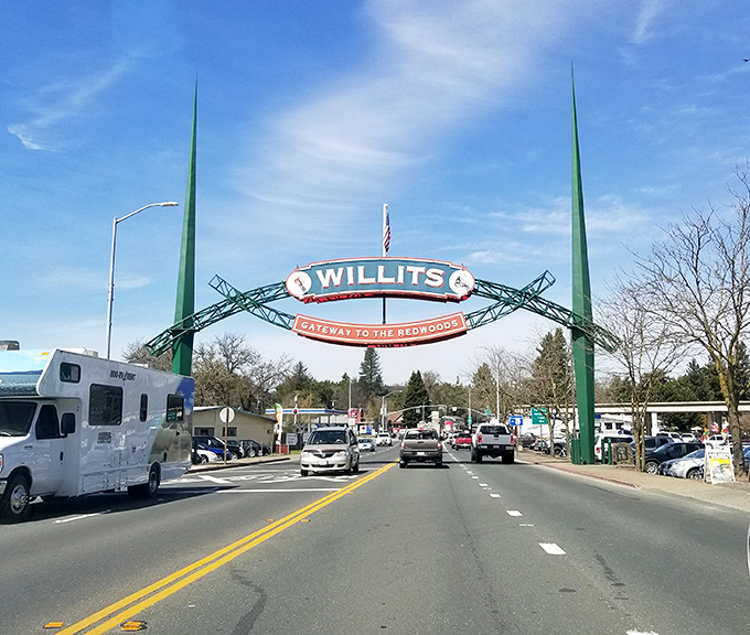 The "Gateway to the Redwoods" arch spans Willits' main drag, a small town that knows exactly what makes it special.