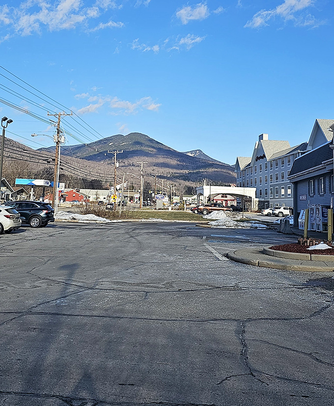 The mountains beyond Woodstock create a dramatic backdrop that makes even a simple drive through town feel cinematic.
