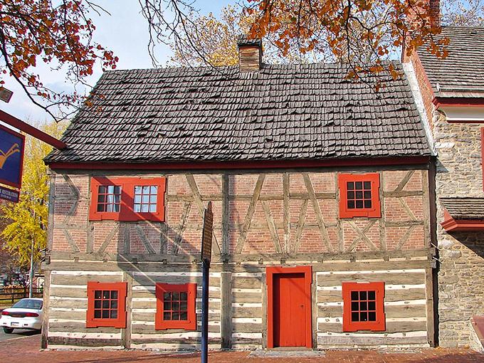 York's historic charm shines in this traditional German-style building. Red trim pops against weathered logs, preserving Pennsylvania's colonial heritage.
