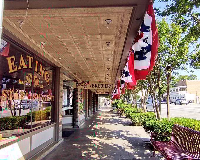 American flags flutter above the sidewalks of Fredericksburg, where patriotism and German heritage create a uniquely Texan cultural fusion.