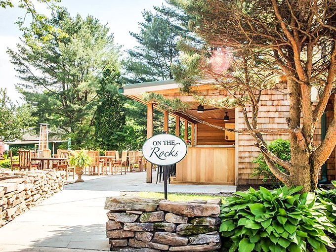 "On the Rocks" isn't just how they serve drinks&mdash;it's the foundation of this rustic-chic outdoor dining space.