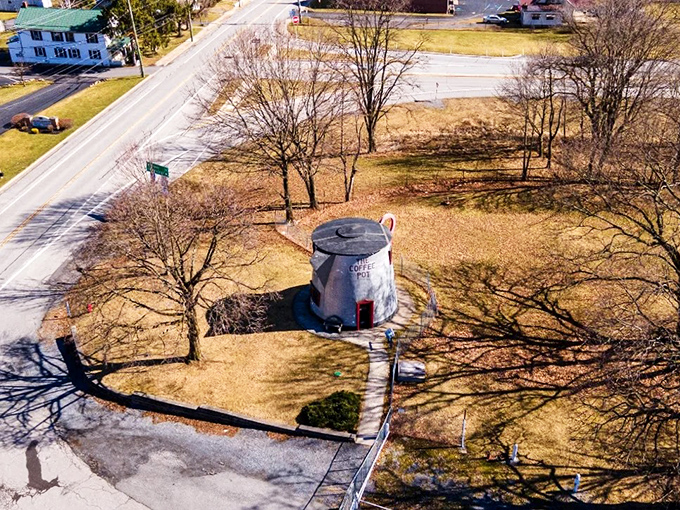 From above, The Coffee Pot stands in splendid isolation, a silver sentinel amid the trees and roadways of Bedford&mdash;like a misplaced prop from a giant's kitchen.