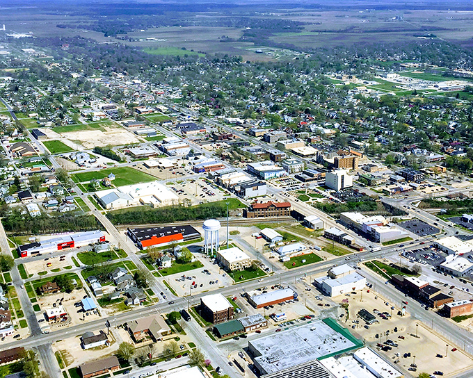 Mattoon unfolds from above like a miniature model of midwestern life, surrounded by farmland that stretches to the horizon.