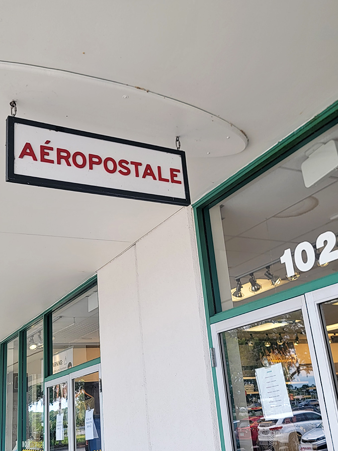 The A&eacute;ropostale sign hangs like a beacon for parents seeking to appease teenage fashion demands without sacrificing their retirement funds.