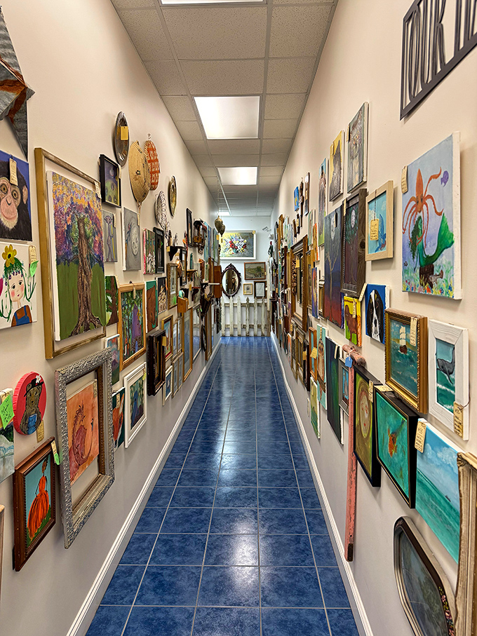 The art corridor feels like walking through someone's dreams&mdash;each frame a window into another world, or at least someone's living room circa 1975.