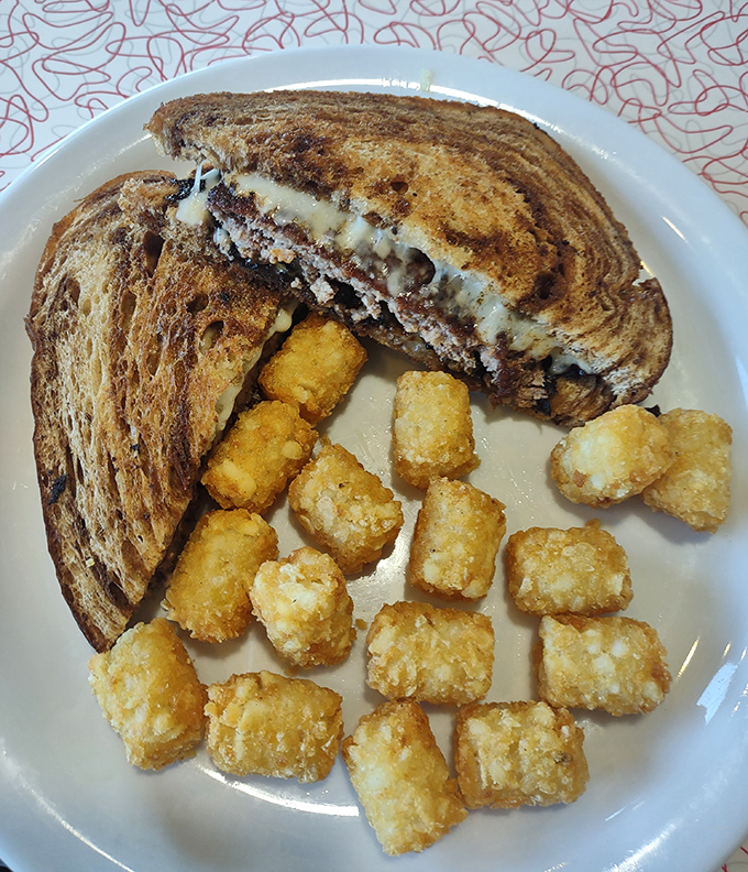 This patty melt on marble rye with golden tater tots might be the most beautiful thing I've seen since Nebraska's last sunset.