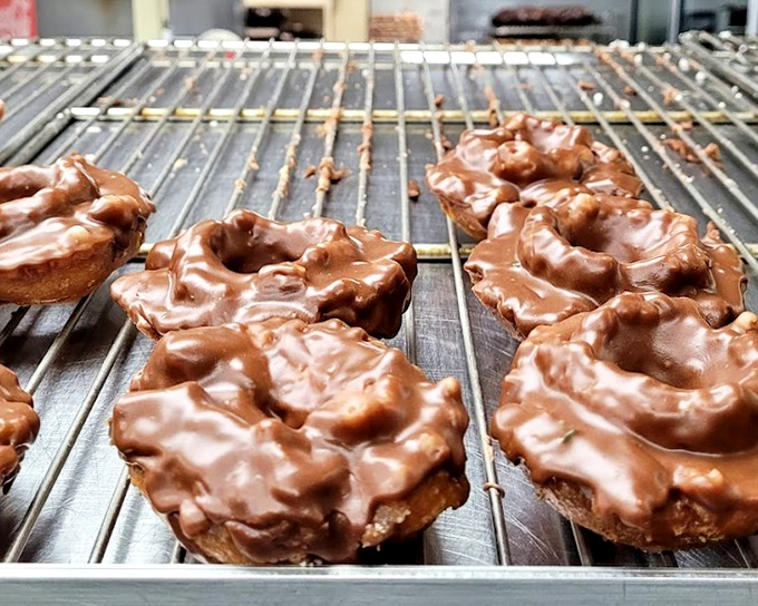 These chocolate-glazed old-fashioned donuts glisten like they've been polished by angels who understand the importance of a proper sugar rush.