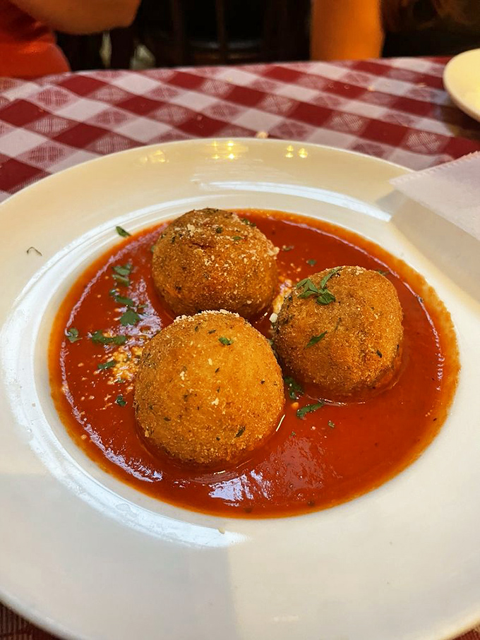 These golden arancini balls sit in their tomato sauce like sopranos waiting for their cue&mdash;crispy outside, creamy risotto within.