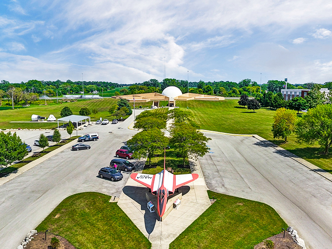 The Armstrong Air & Space Museum's distinctive dome rises from the Ohio landscape like a moonbase. That fighter jet out front? Just a casual reminder of what humans can achieve.