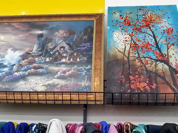 Wall art that spans the taste spectrum from "lighthouse in distress" to "autumn tree having a moment" &ndash; someone's future living room statement piece.