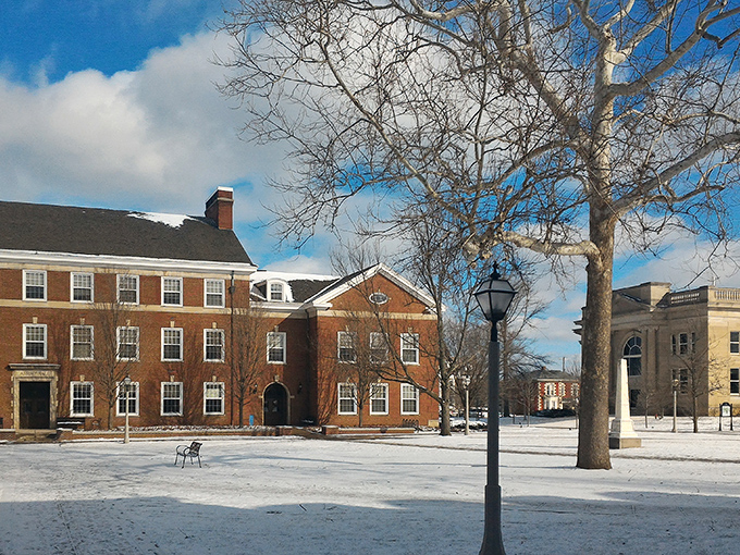 DePauw's campus transforms into a winter wonderland, where snow-dusted brick buildings and bare trees create a scene worthy of the best holiday cards.