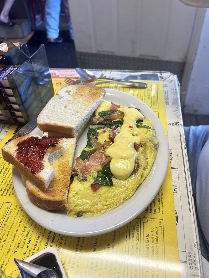 An omelet that's having an identity crisis as a work of art. Those perfectly melted cheese rivers deserve their own landscape painting.