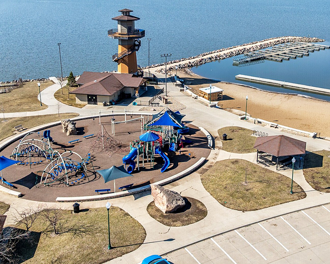 Awaysis Park's playground and lighthouse create the perfect combo &ndash; kids play while adults pretend they're seafaring captains.