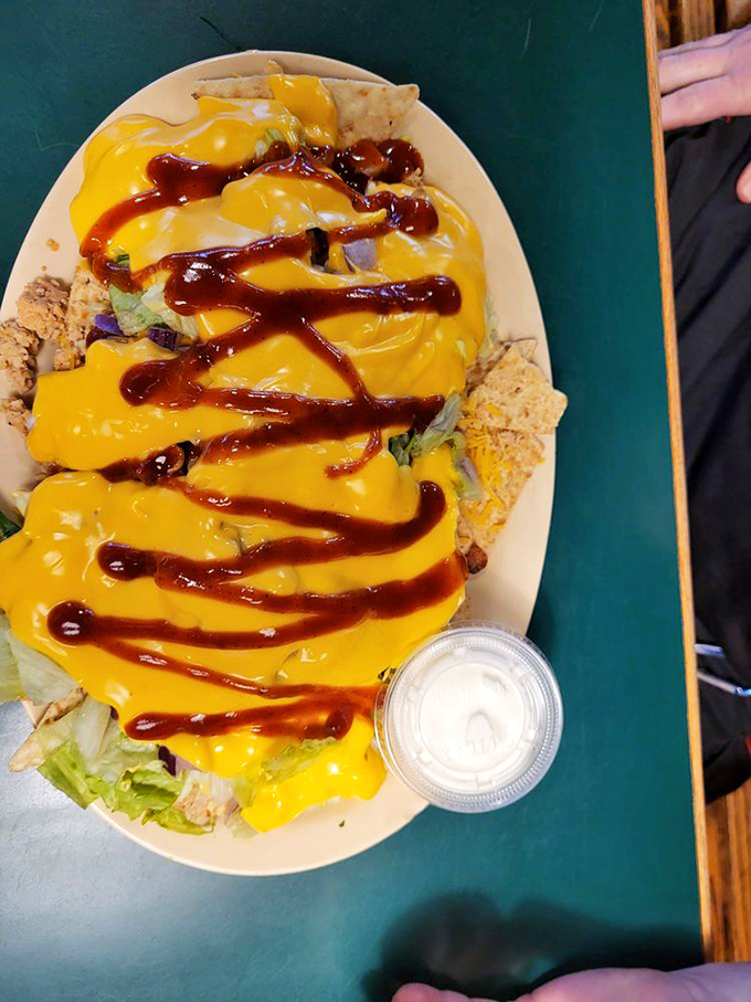 BBQ nachos that look like they were designed by a cheese-obsessed Jackson Pollock&mdash;a beautiful mess that you'll happily devour without shame.