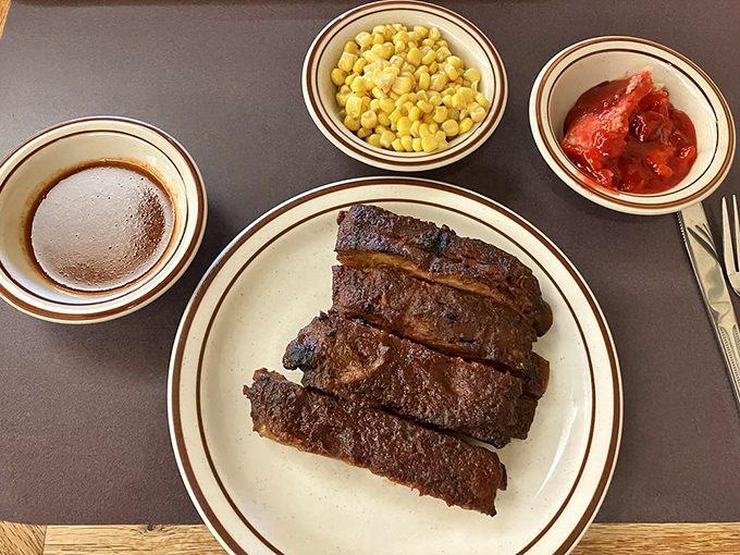 Ribs, corn, and slaw&mdash;the holy trinity of Texas BBQ presented with no pretension, just pure deliciousness.