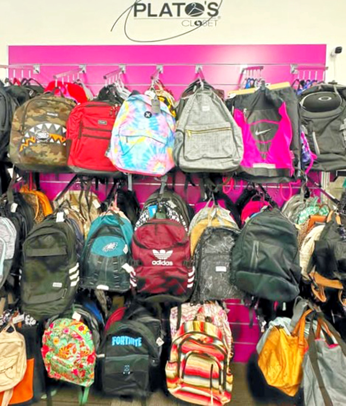 Backpacks galore line the walls, ready to carry textbooks, laptops, or weekend adventure gear.