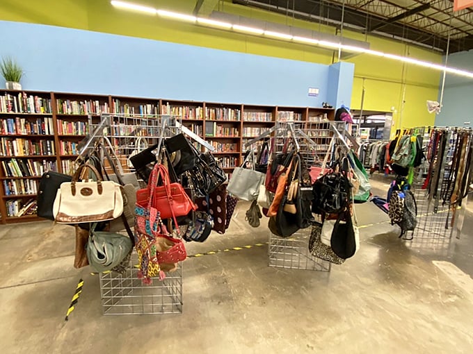 Handbag heaven! Designer purses and everyday totes dangle like fashionable fruit, ripe for the picking.