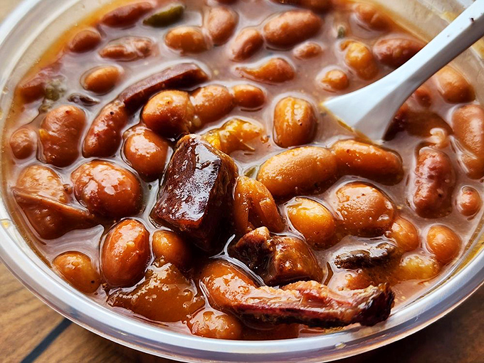 Baked beans swimming with smoky morsels of meat – the supporting actor that steals scenes from the headliners. Each spoonful is a tiny flavor explosion.