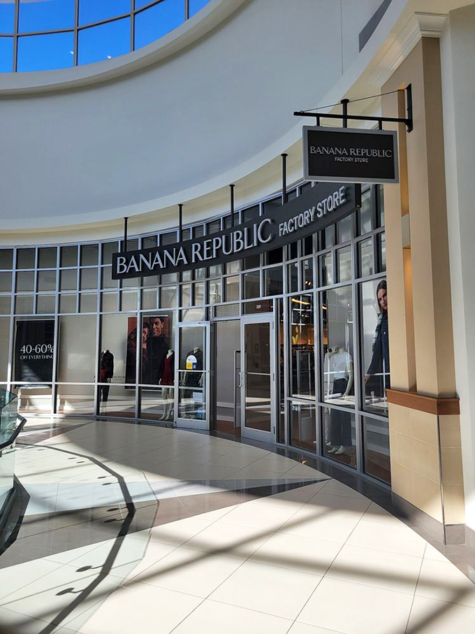 Banana Republic's curved storefront catches the natural light beautifully, much like their clothes will catch compliments when you wear them.