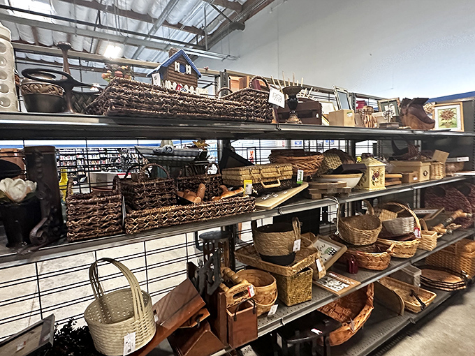 Woven treasures from different eras and cultures line these shelves, each basket carrying both practical purpose and decorative potential.