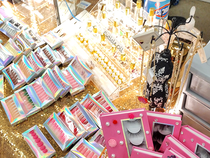 Beauty products arranged with the precision of a museum exhibit. Glamour doesn't have to break the bank at this cosmetic wonderland.