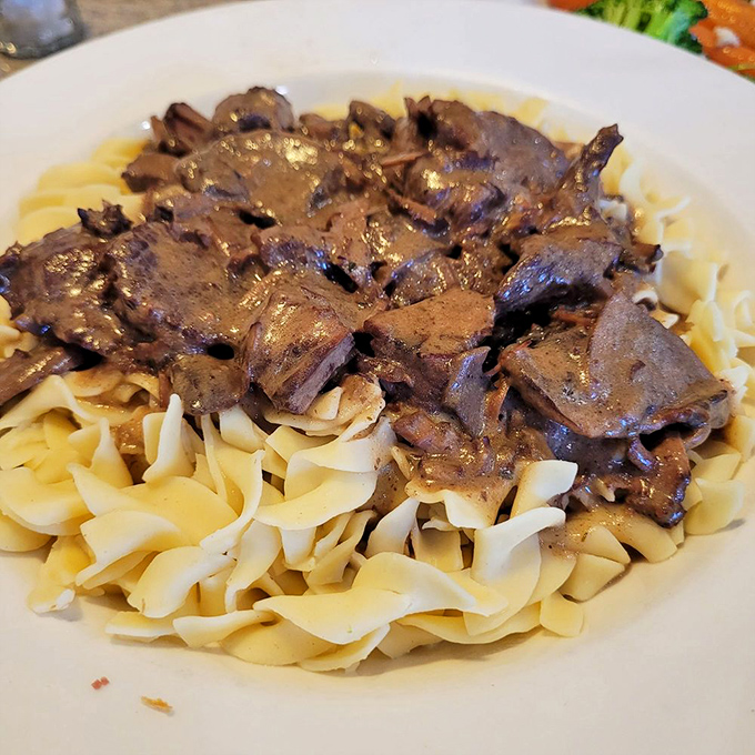 The beef stroganoff over egg noodles proves this place isn't just about sandwiches&mdash;it's a full-fledged comfort food paradise.