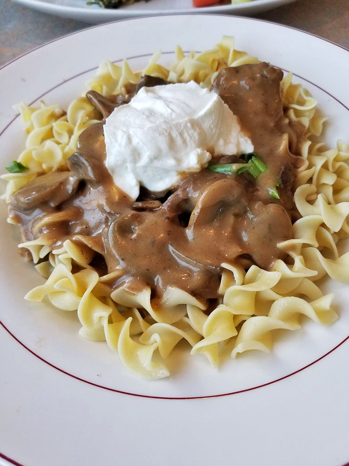 Beef stroganoff over egg noodles &ndash; comfort food that hugs you from the inside out.