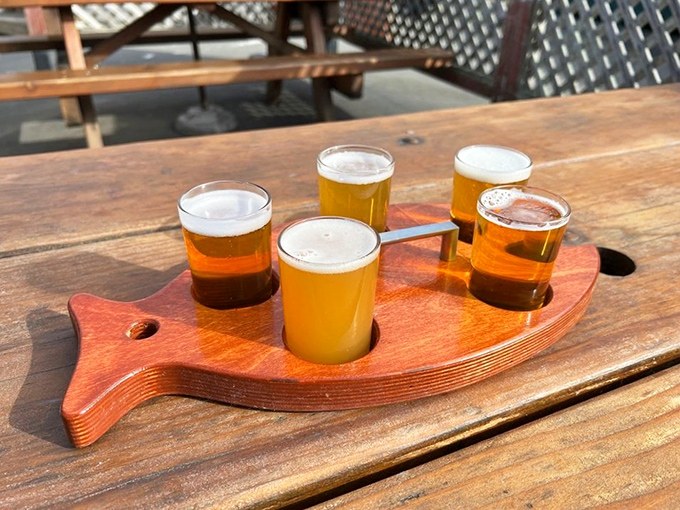 The fish-shaped flight board is almost too cute to handle, but those amber brews from nearby breweries make the perfect maritime companions.